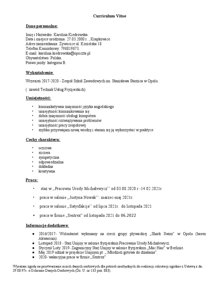 CV Karolina Kiedrowska | PDF