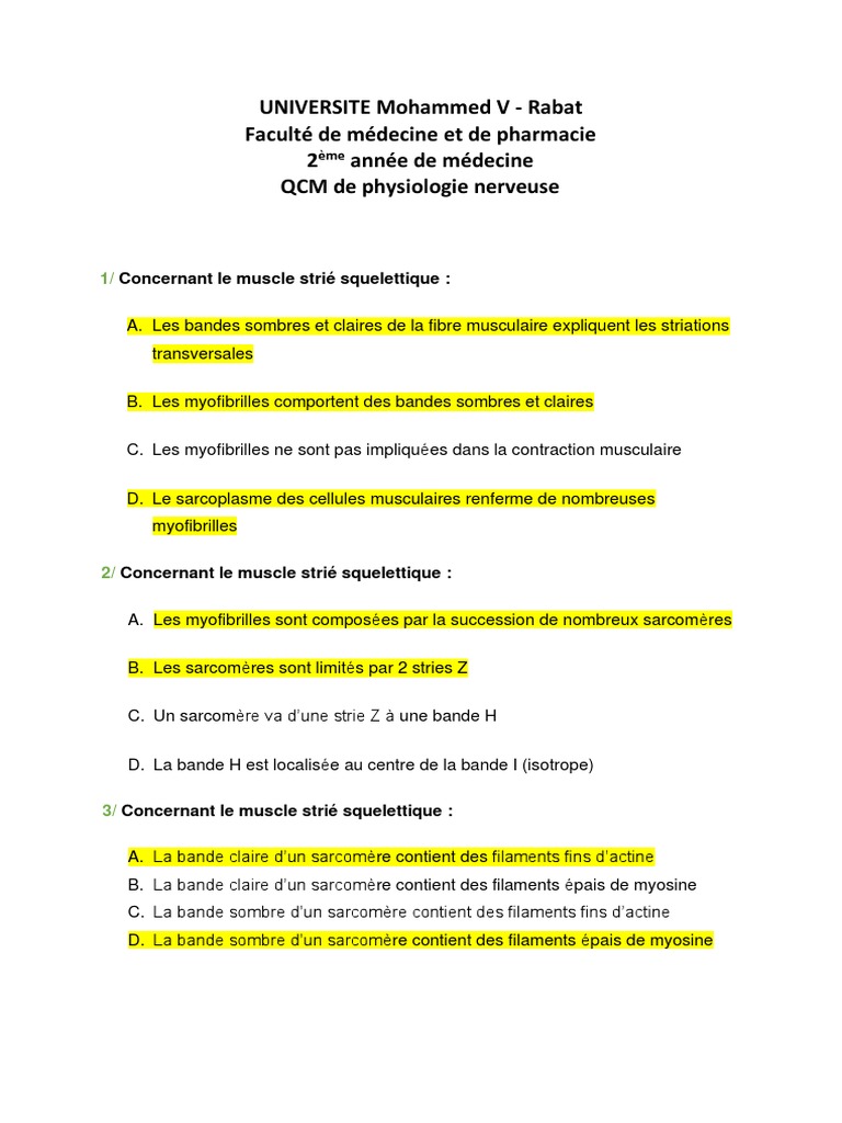 QCM sur le Muscle Strié Squelettique | PDF | Synapse | Contraction du ...