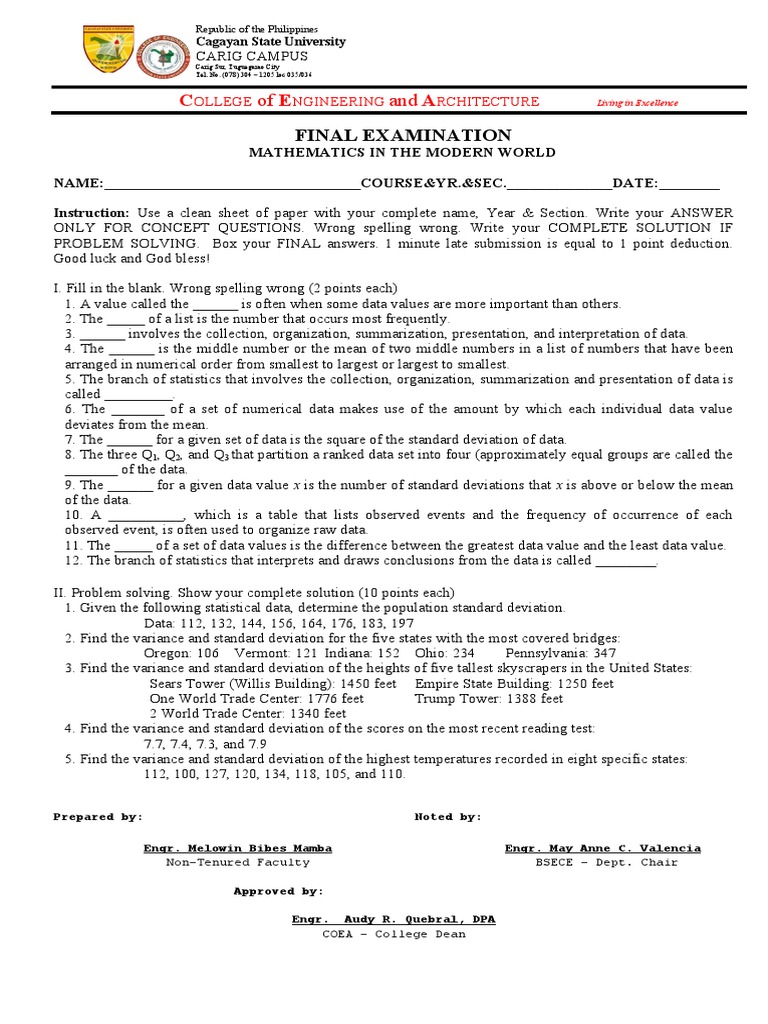 MMW Final Exam | PDF | Standard Deviation | Statistics