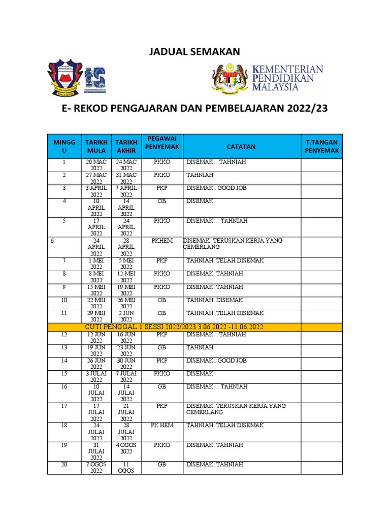 Jadual Semakan Erph2223 | PDF