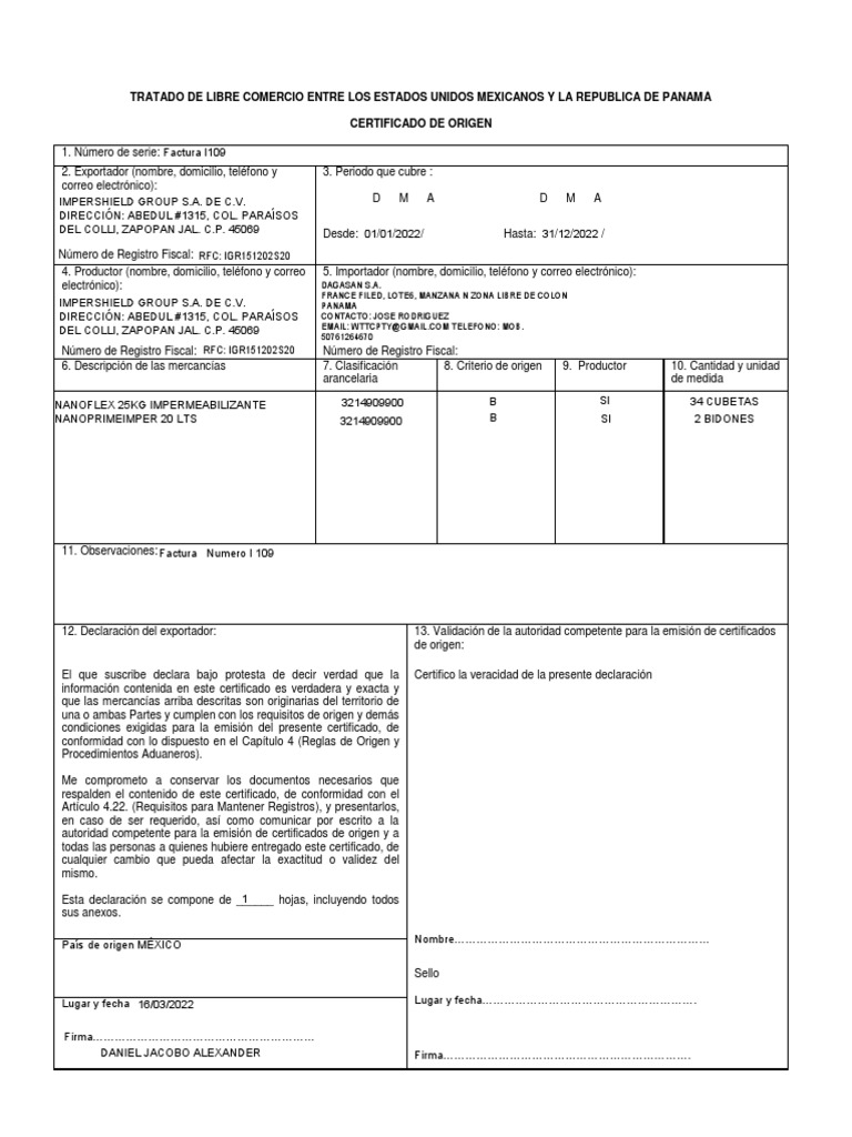 Certificado de Origen TLC Panama Mexico | PDF Certificado de Origen TLC Panama Mexico | PDF