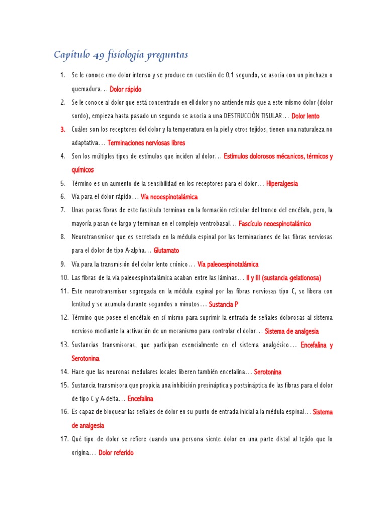 Capítulo 49 Guyton Fisiología Preguntas | PDF | Dolor | Neurociencia