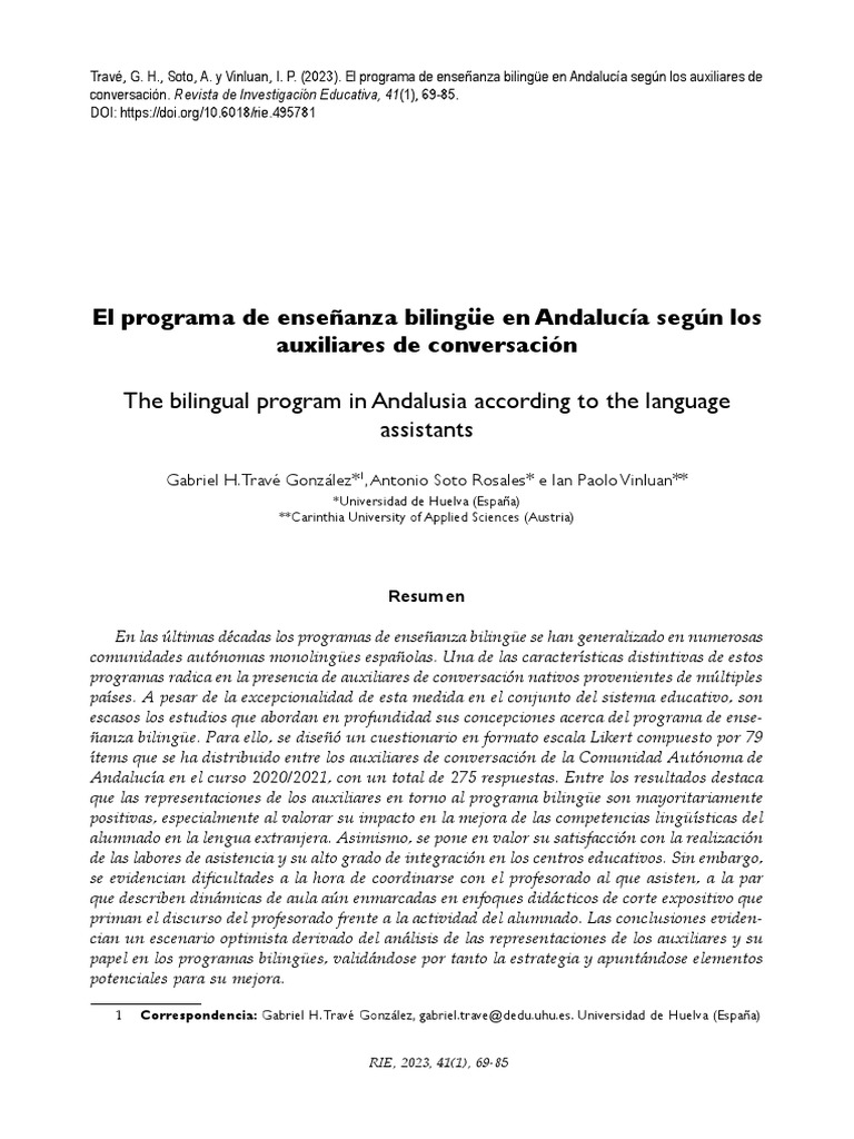 El Programa de Enseñanza Bilingüe en Andalucía Según Los Auxiliares de ...