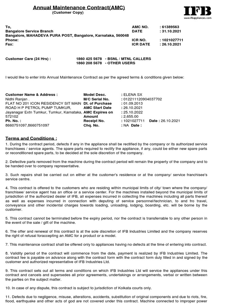 IFB Annual Maintenance Contract PDF | PDF | Damages | Private Law