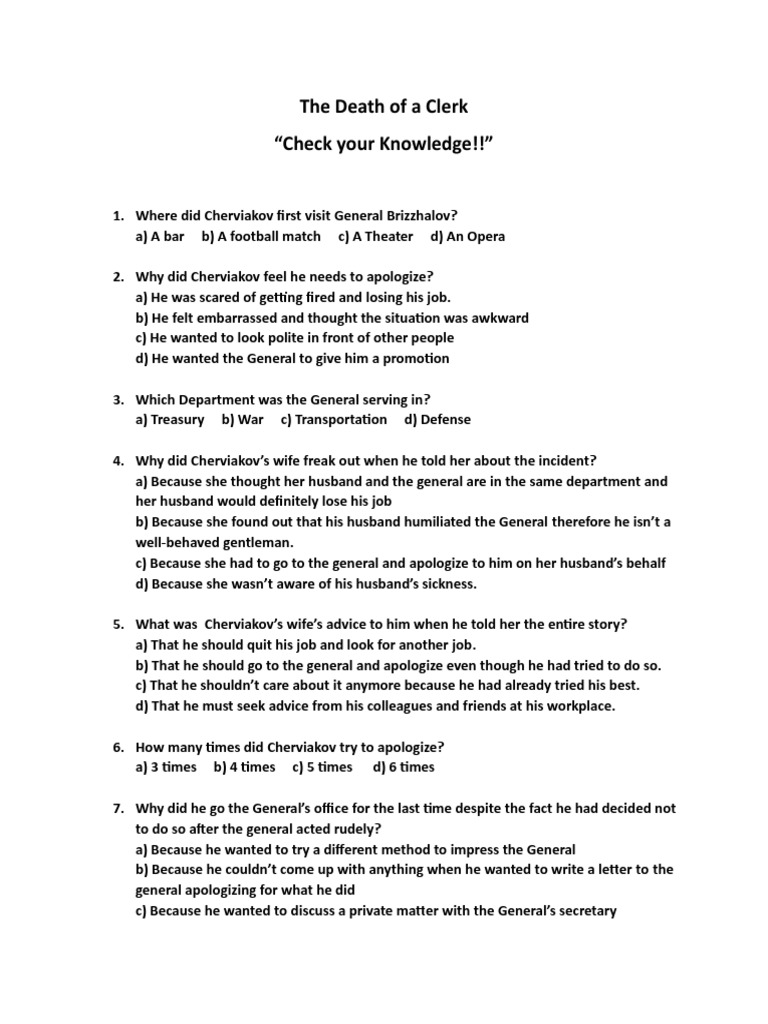 The Death of A Clerk Quiz With Answers | PDF