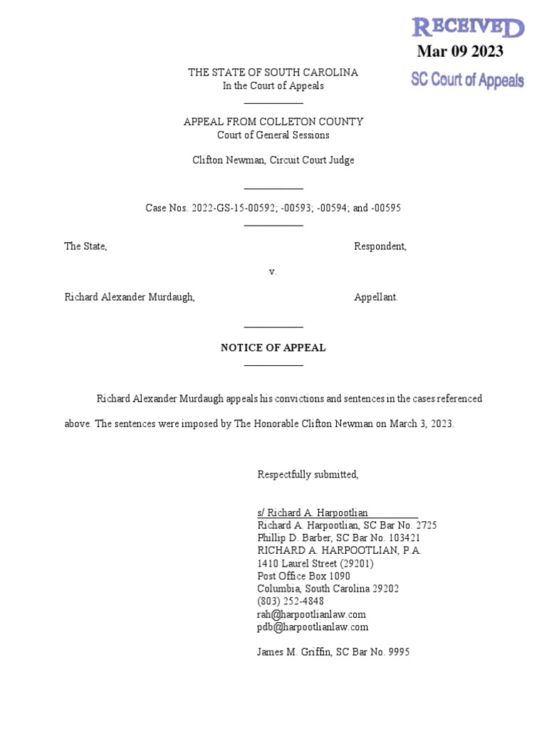 2023-03-09 State v. Murdaugh - NOA | PDF | Appeal | Government