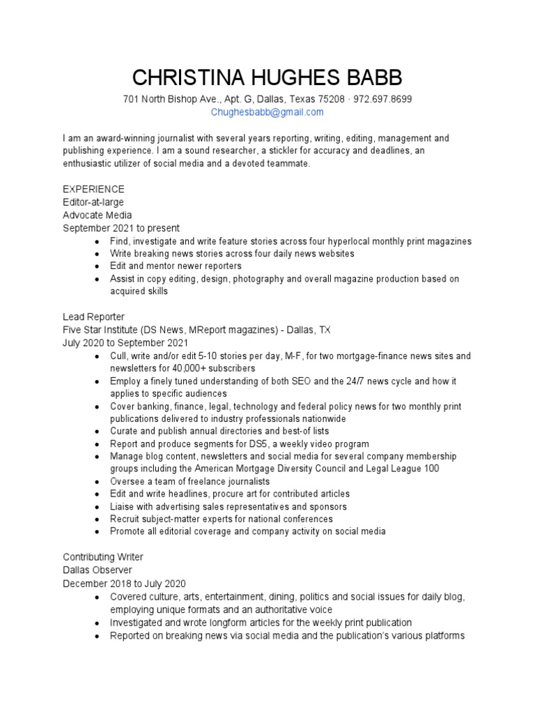 CHRISTINA HUGHES BABB Resume | PDF | News | Newspapers