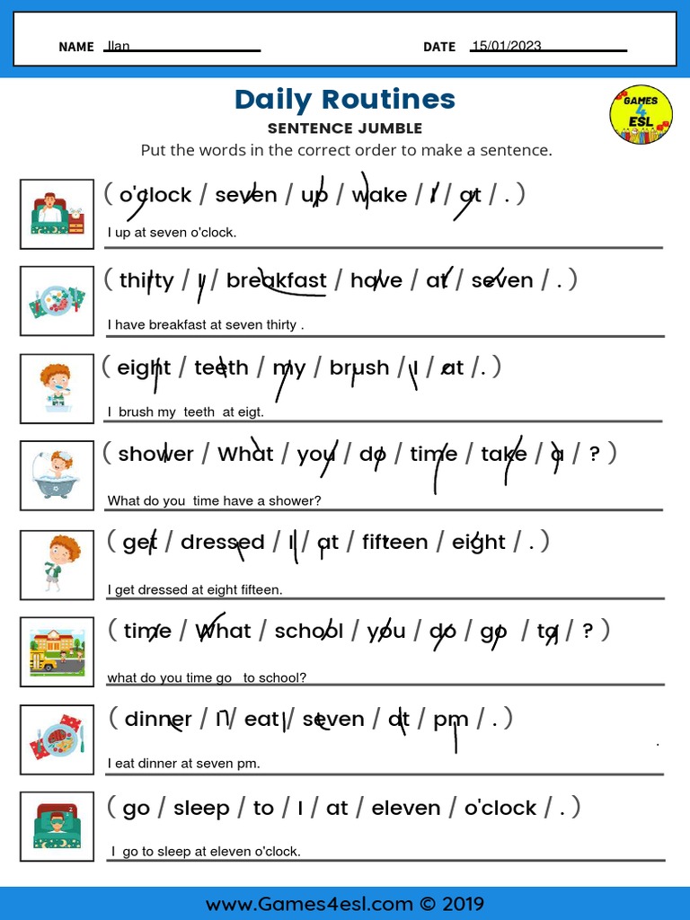 Daily Routine Worksheet Sentence Jumble | PDF