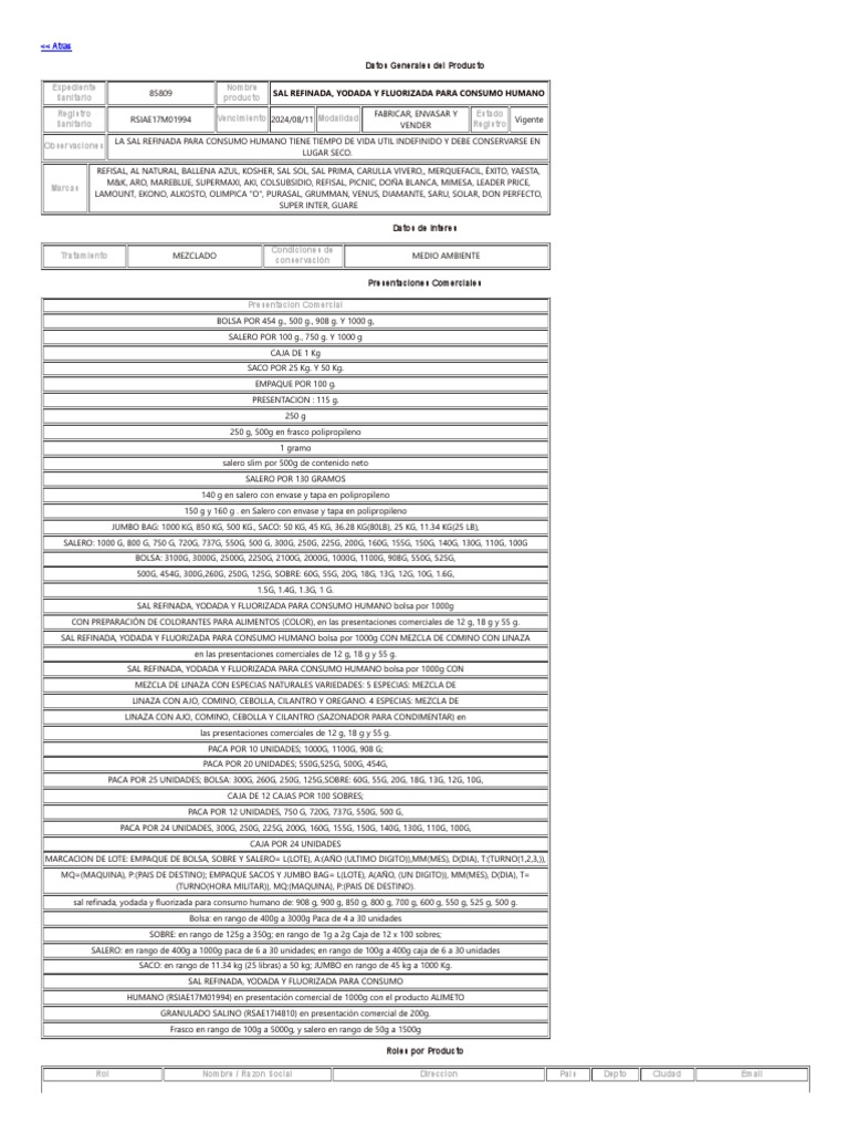 Registro Sanitario Sal Refisal | PDF | sal | Comida y bebida
