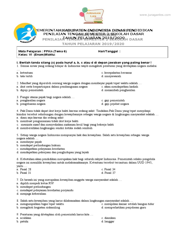 Soal Tematik Kelas 6 Tema 6 Mapel PPKN | PDF