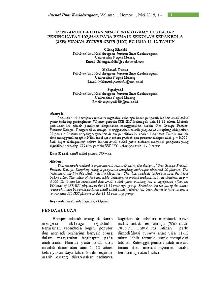 Pengaruh Latihan Small Sided Game Terhadap Peningkatan Vo2max Pada Pemain Sekolah Sepakbola (SSB ...