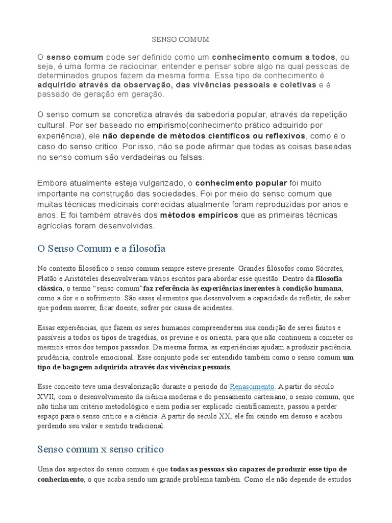 Atividade Senso Comum | PDF | Conhecimento | Science