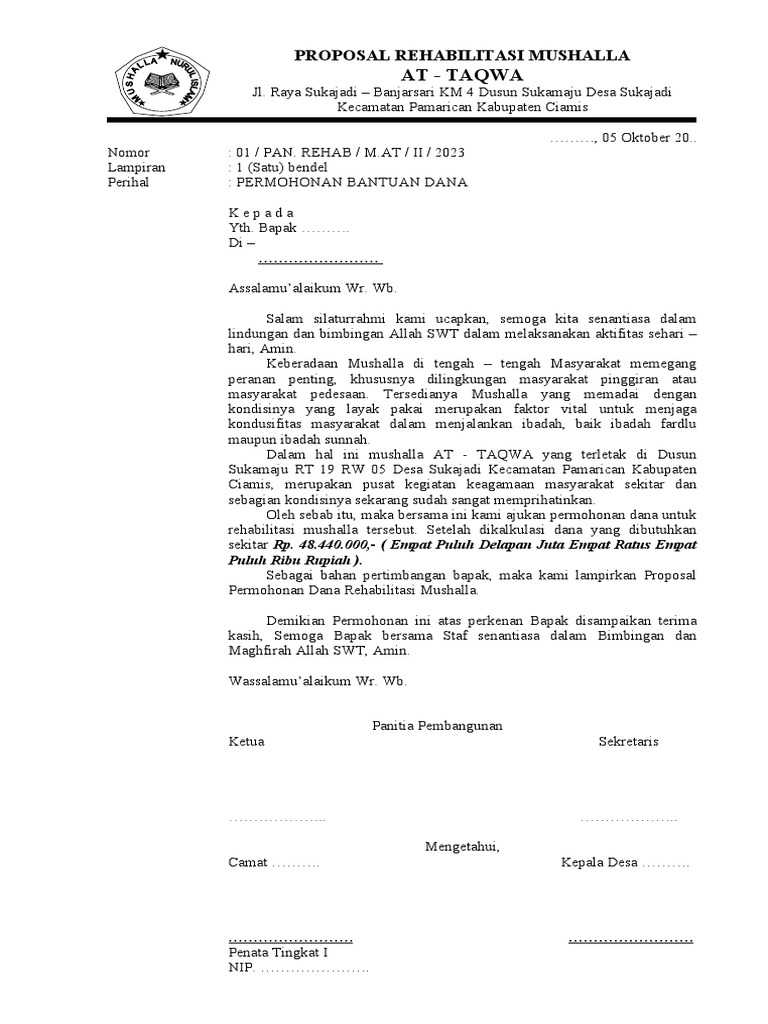 Proposal Rehab Musholla at - Taqwa Lengkap Dengan RAB | PDF