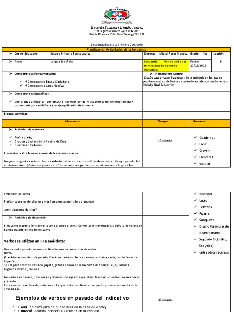 Uso de Verbos en Tiempo Pasado Del Modo Indic | PDF | Educación ...