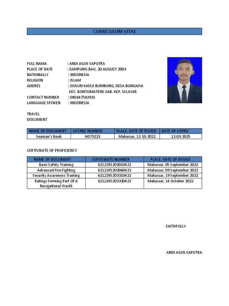 Andi Agus Saputra CV and Certifications | PDF