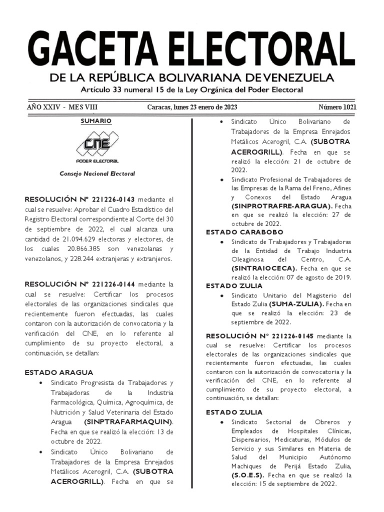 Gaceta Electoral 1021 PDF | PDF | Venezuela | Gobernancia