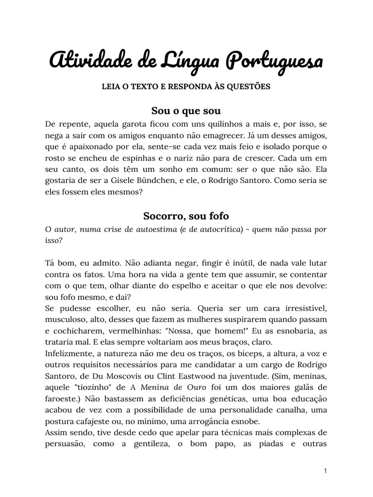 Interpretação - 8º Ano - Com Gabarito (Sou o Que Sou) | PDF ...