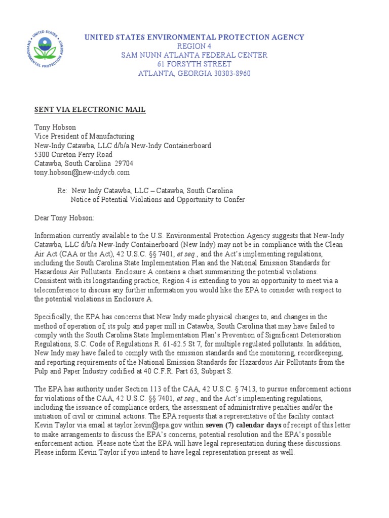 EPA Letter: Notice of Potential Violations For New-Indy | PDF | Clean ...