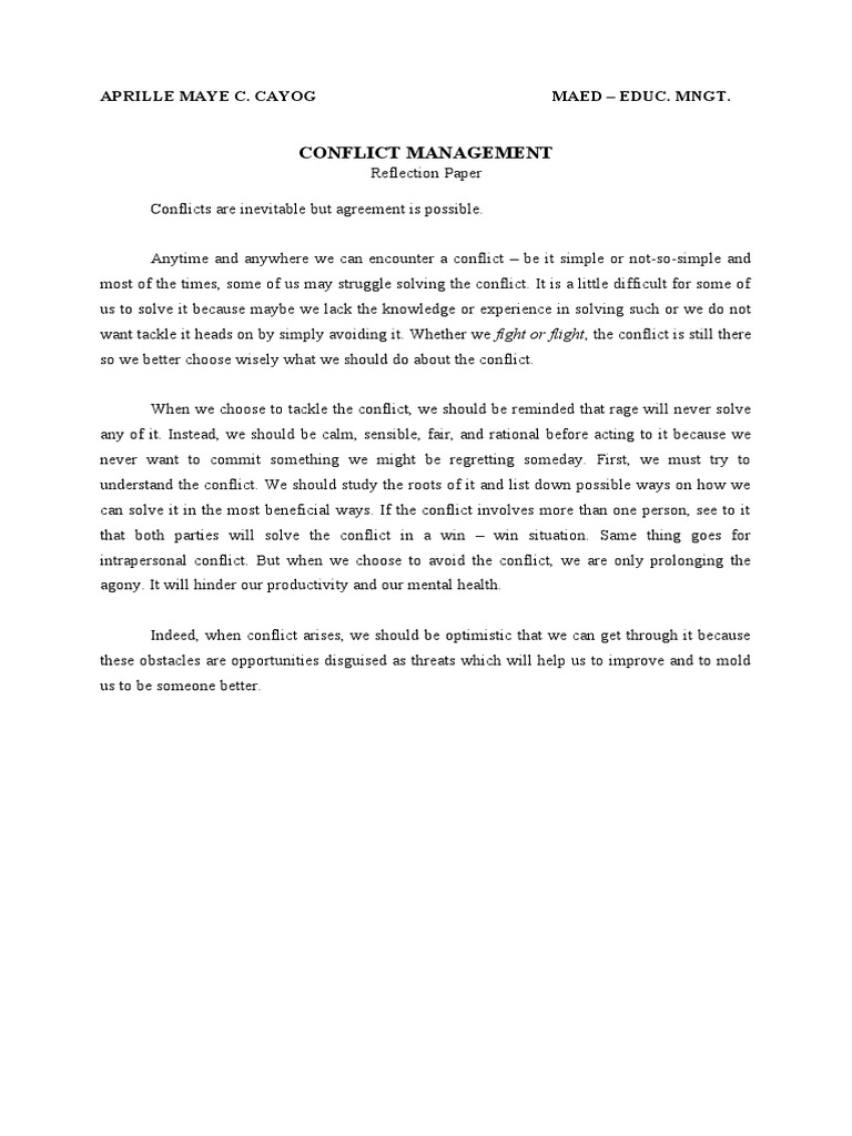 Conflict Management Reflection Paper | PDF Conflict Management Reflection Paper | PDF