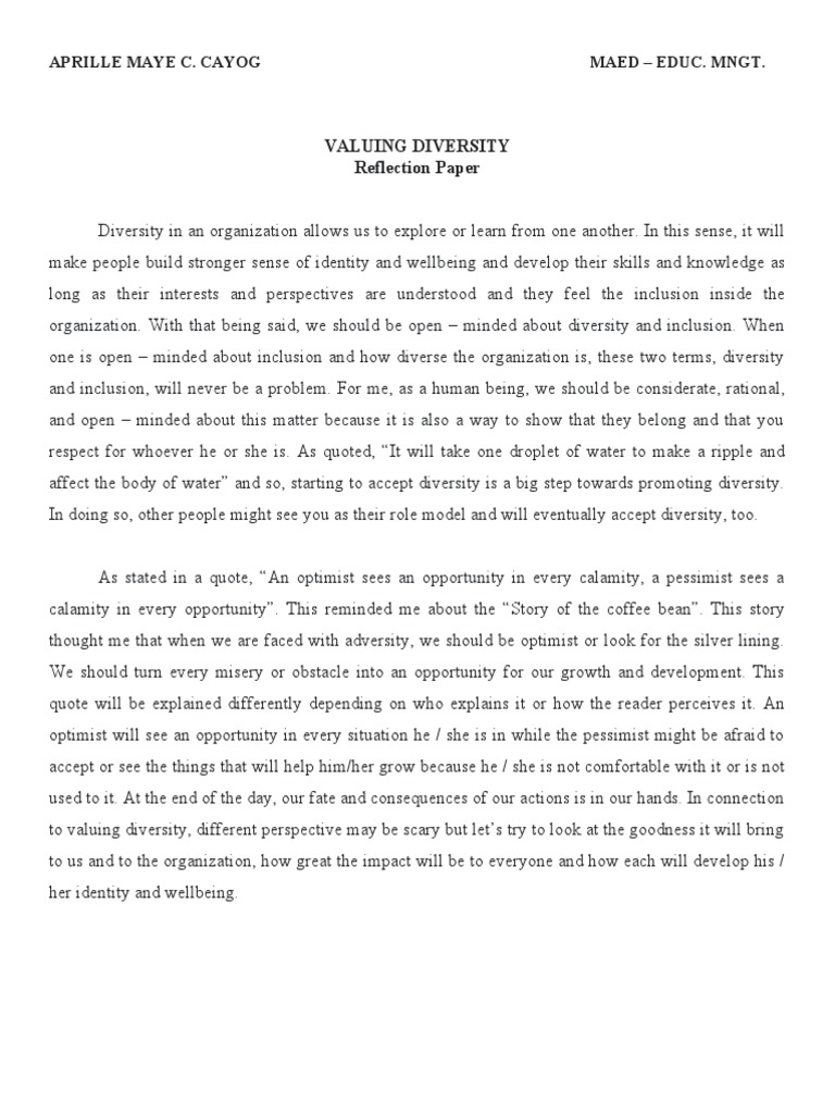 Valuing Diversity Reflection Paper.docx | PDF