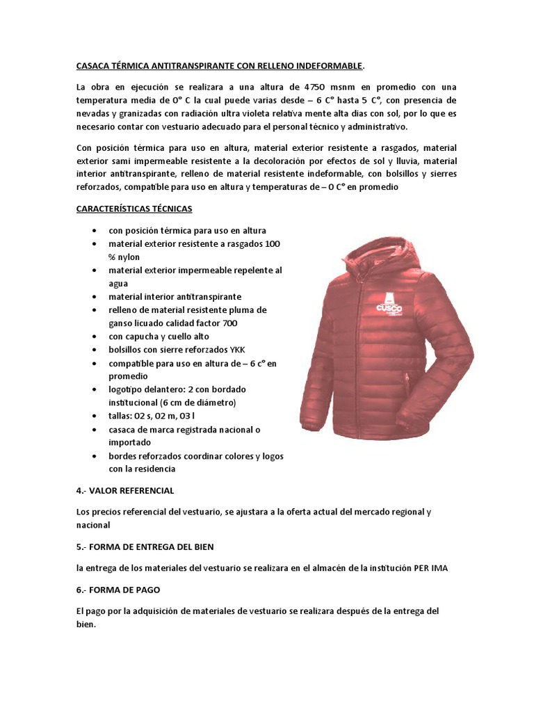 ESPECIFICACIONES TECNICAS Casaca | PDF