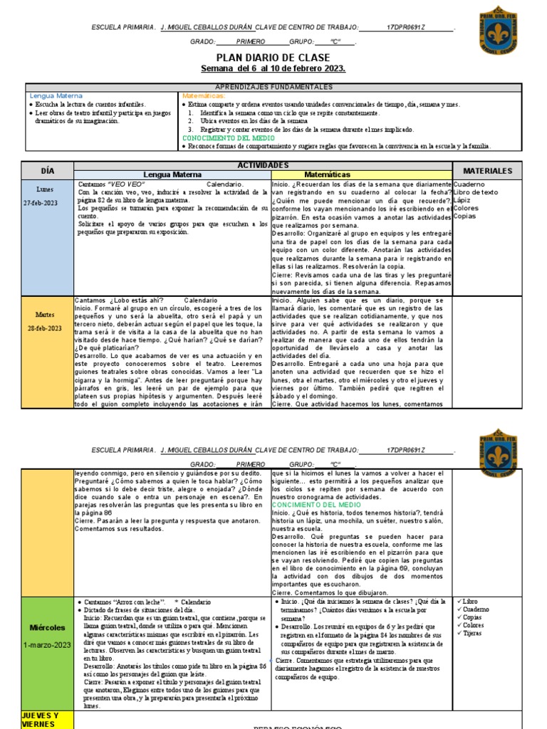Plan de Clase Semanal 1°C Febrero 2023 | PDF