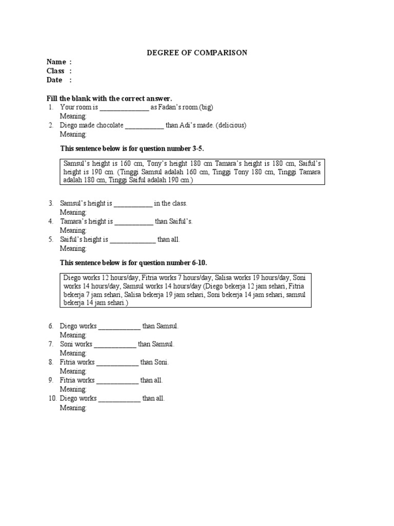 Degree of Comparison Exercises | PDF | Career & Growth