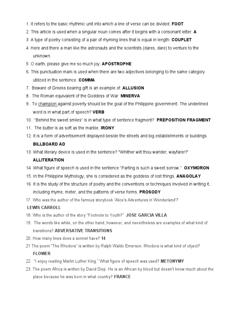 English Quiz Bee Reviewer | PDF | Poetry | One Thousand And One Nights