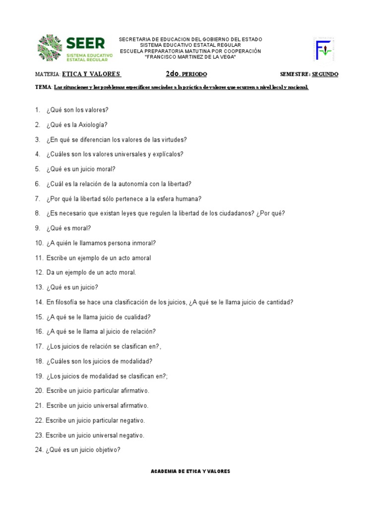 Cuest. Etica y Valores 2do - Periodo 2023 | PDF | Moralidad | Immanuel Kant