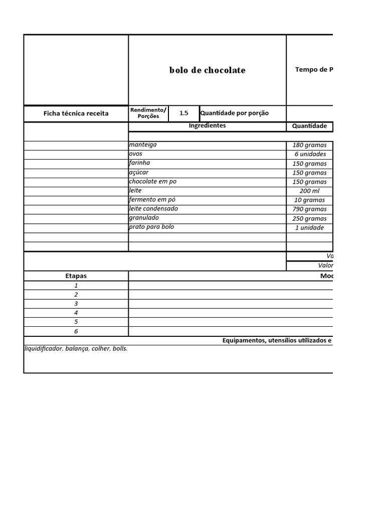 Ficha Tecnica - Bolo de Chocolate | PDF | Chocolate | Culinária ocidental