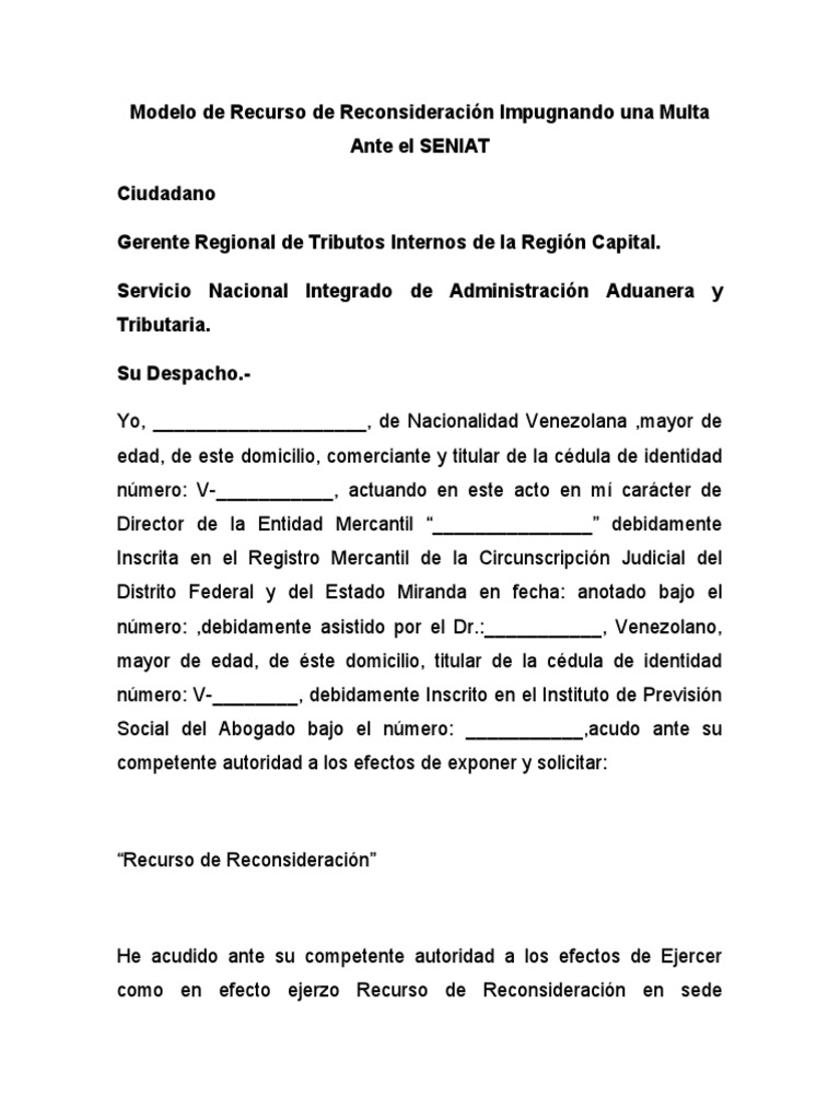 Impugnación de multa ante el SENIAT mediante recurso de reconsideración ...