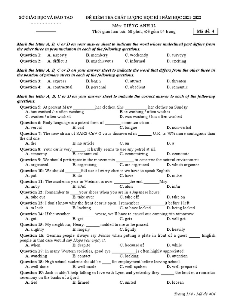De Thi HK1 Tieng Anh 12 de 4 | PDF | Nanotechnology | Physical Sciences