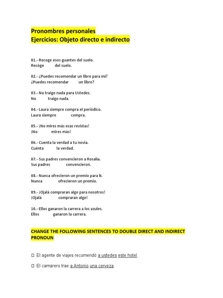 Ejercicios de pronombres personales y objetos | PDF | Relaciones ...