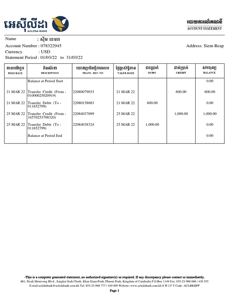 Acleda Bank Statement Summary | PDF