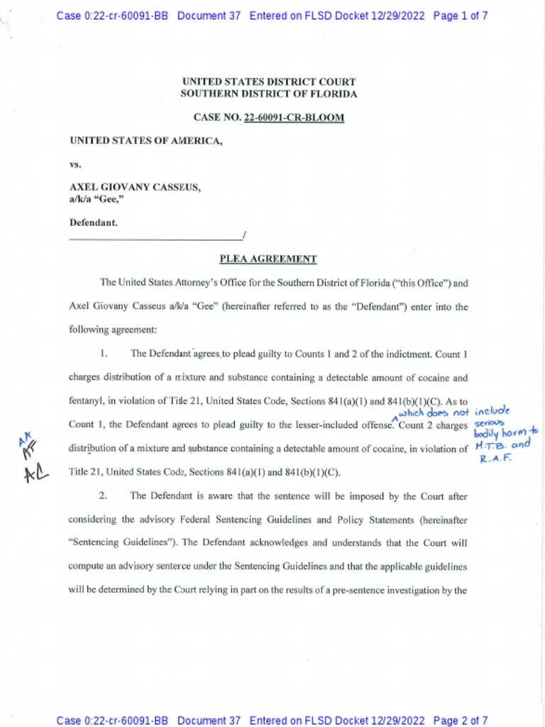 Axel Giovany Casseus: Plea Agreement | PDF