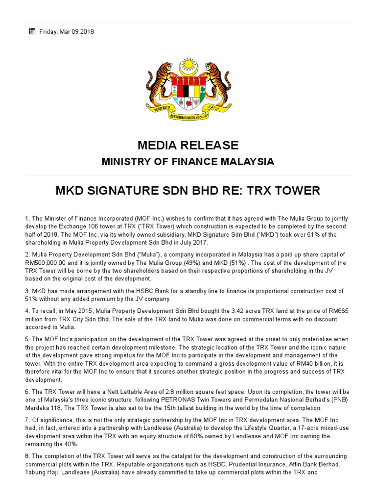 Media Release - MKD Signature Sdn. Bhd. - TRX Tower | PDF | Private Sector | Business