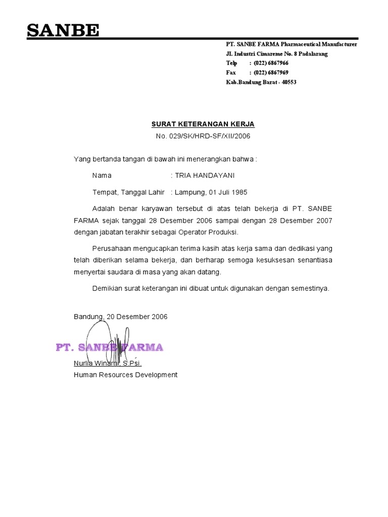 Surat Keterangan Kerja PT Sanbe Farma | PDF