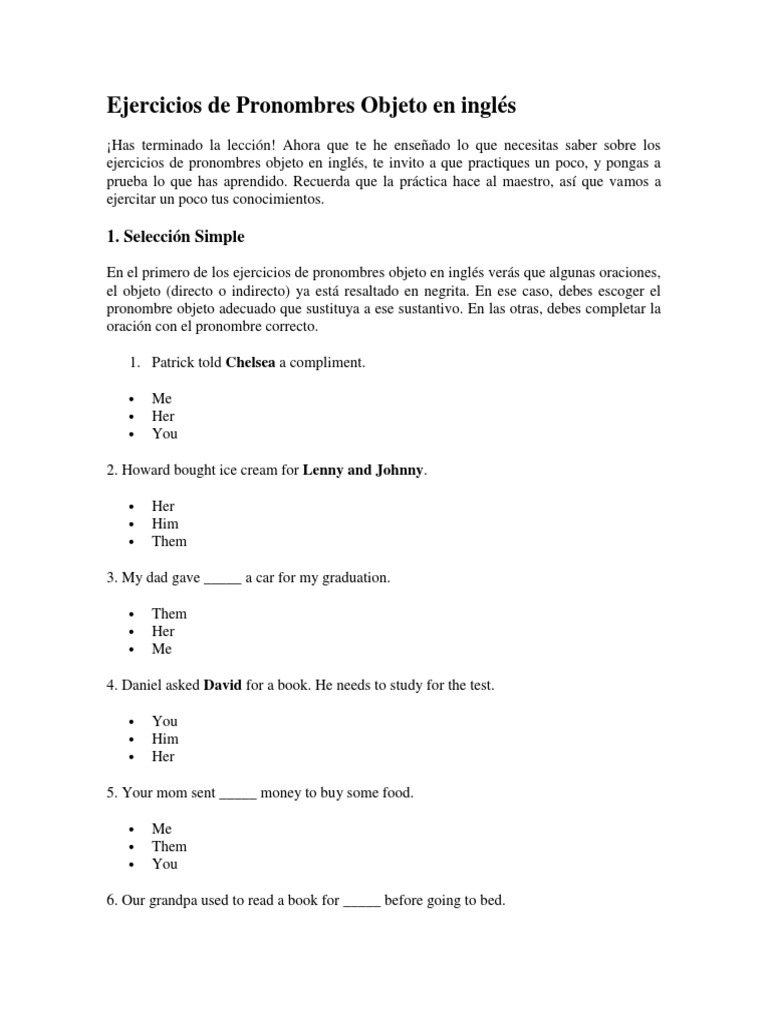 Ejercicios de Pronombres Objeto en Ingles | PDF Ejercicios de Pronombres Objeto en Ingles | PDF
