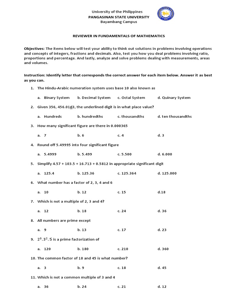 Fundamentals of Math Reviewer | PDF