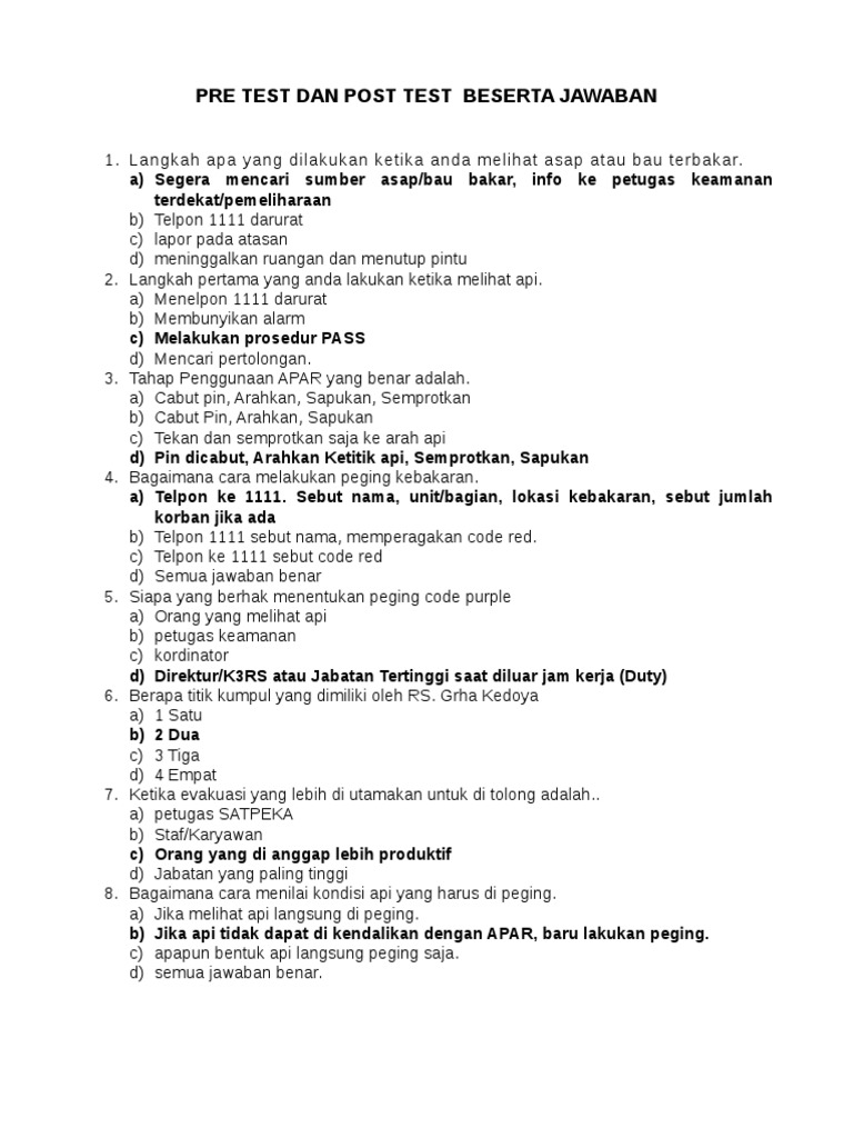 PRE POST TEST K3 Rumah Sakit | PDF