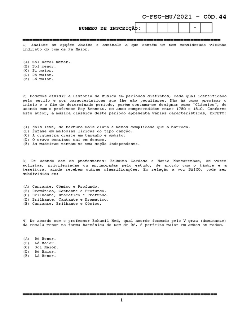 Prova 2020 para C-Fsg-Mu 2021 | PDF | Escala (música) | Acorde (música)