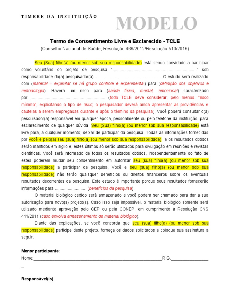 Tcle - Modelo Responsaveis de Participantes Menores | PDF | Science