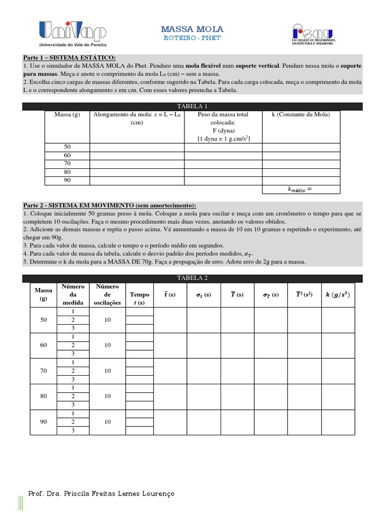 2020 FE1 Massa Mola Roteiro Simplificado PHET | PDF | Massa | Tempo
