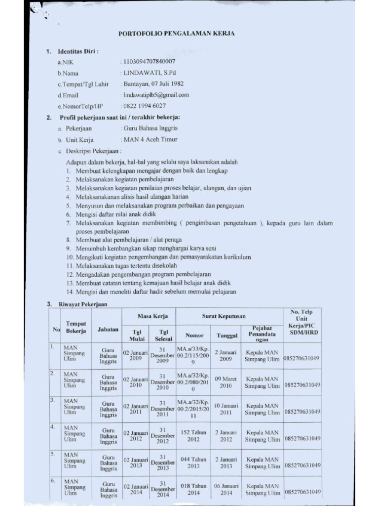 PORTOFOLIO DAN SUKET PENGALAMAN KERJA KANWIL KEMENAG LINDAWATI - Compressed PDF | PDF