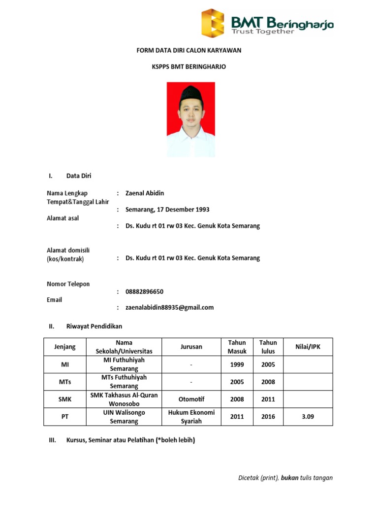 FORM DATA DIRI CALON KARYAWAN Zaenal Abidin | PDF