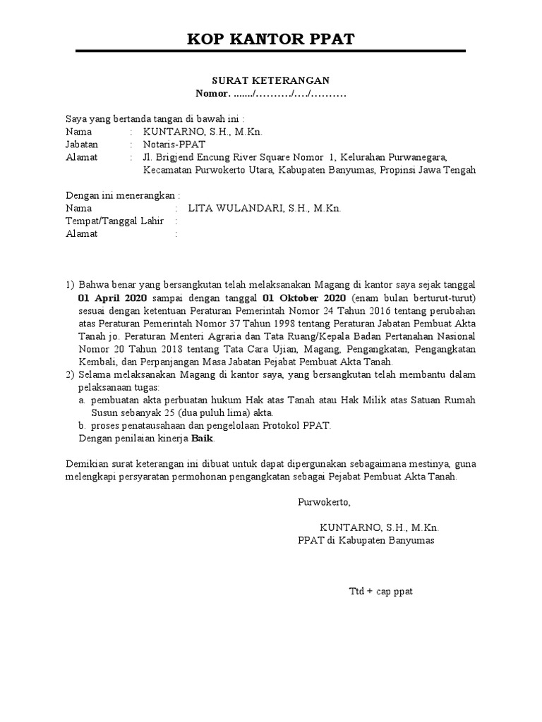 FORM SURAT KETERANGAN MAGANG PPAT BLANK | PDF
