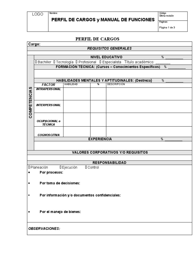 Perfil de Cargos y Manual de Funciones | PDF