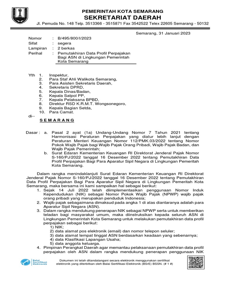 Pemutakhiran Data Profil Perpajakan Bagi ASN Di Lingkungan Pemerintah Kota Semarang | PDF
