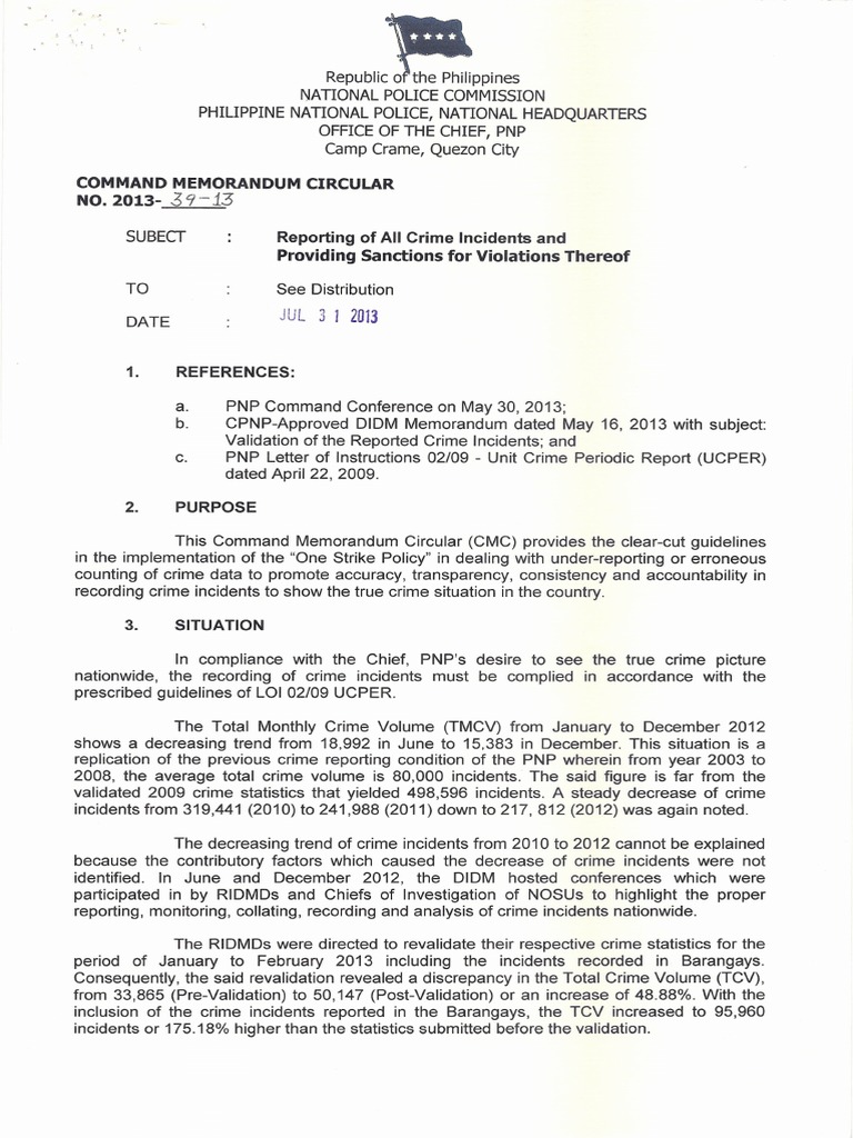CMC 2013-39 Reporting of All Crime Incidents and Providing Sanctions ...