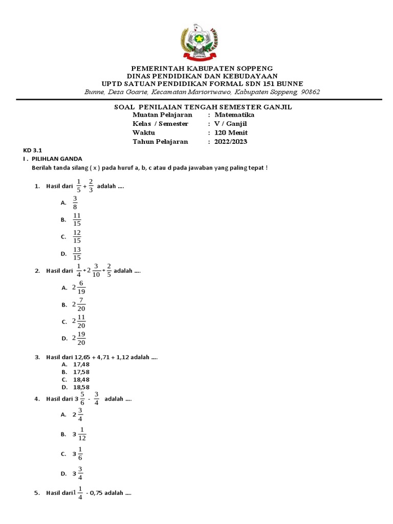 Soal PTS Ganjil MTK 2022-2023 Gugus | PDF